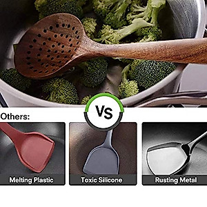 LMMDP Wooden Utensils Set of 6, Large Kitchen Cooking Utensil for Non Stick Cookware, Natural Teak Wood Spoons Spatula Ladle Colander