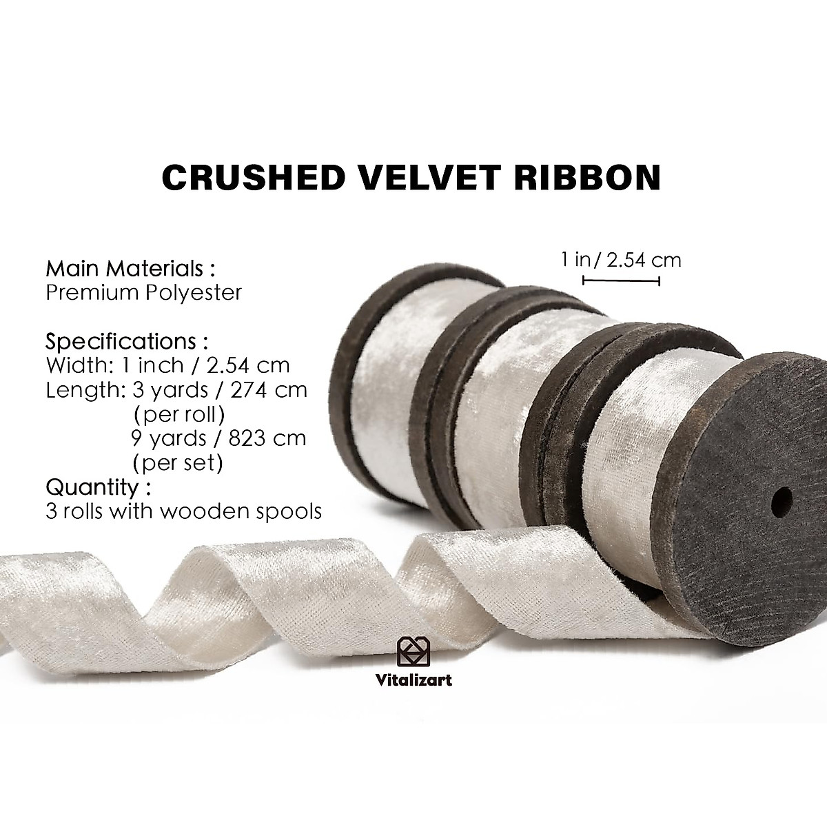 Vitalizart Velvet Ribbon Set 1" x 9Yd Wooden Spool White Luxury Velvet Ribbons Double Side for Christmas Tree Wreath Decoration Ornaments Gift Wrapping Flower Bouquet 3 Rolls * 3Yd