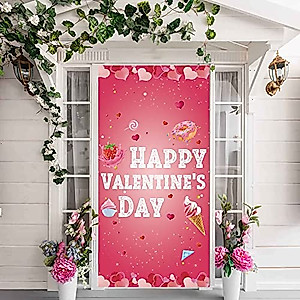 ZDX Happy Valentine's Day Door Banner Romantic Night Valentine's Day Party Backdrops 72.8 x 35.4inch Red Backdrops Pink Strawberry Donut Dessert Door Banner Indoor Or Outdoor Decor Door Banner