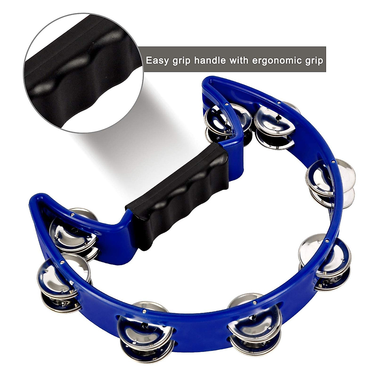 EastRock Tambourine Metal Jingles Hand Held Percussion Half Moon Tambourine for Kids, Adults, KTV, Party BLUE