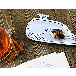 Cornucopia Whale Spoon Rest; Blue and White Ceramic Novelty Spoon Holder for Kitchen Stove