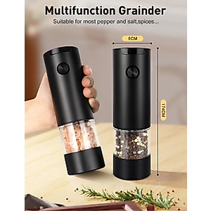 Electric Pepper Grinder or Salt Mill, Battery Powered Automatic Pepper Mill, Ceramic Grinder with Adjustable Coarseness, LED Light, and Salt Mill Refillable, One Hand Operation