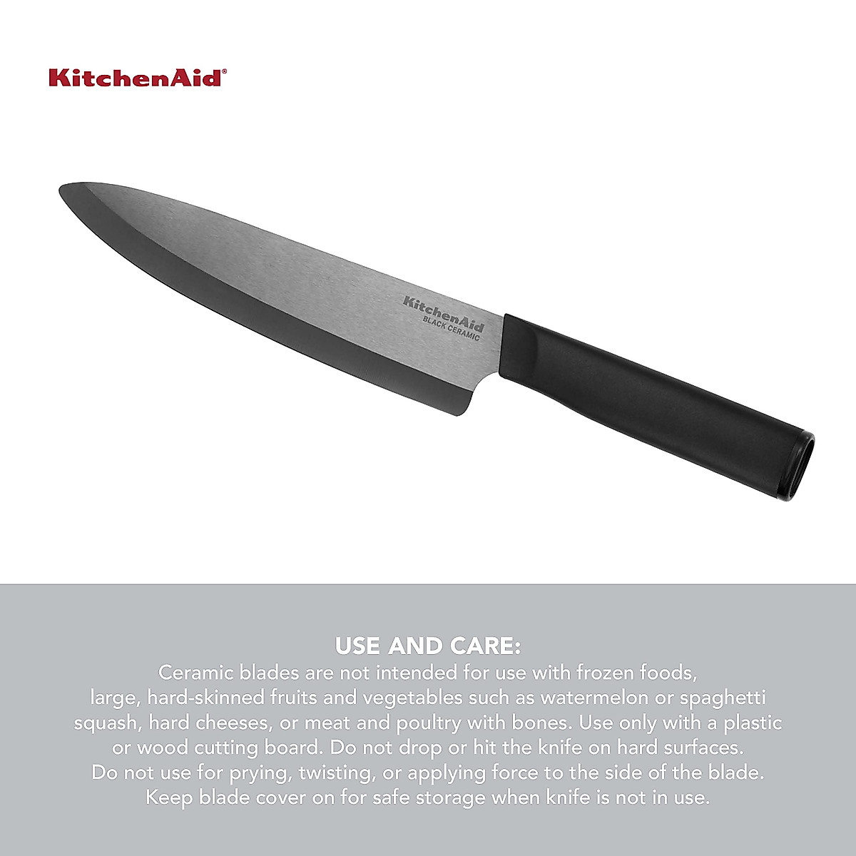 KitchenAid Classic Ceramic Chef Knife with Custom-Fit Blade Cover, Sharp Kitchen Knife, Dishwasher-Safe, 8-Inch, Black