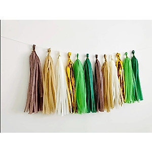 30PCS Green Gold Brown Wild One Party Banner DIY Tissue Paper Tassel Garland Jungle Safari Woodland Baby Shower Streamers Backdrop Birthday Nursery Classroom Hanging Decorations