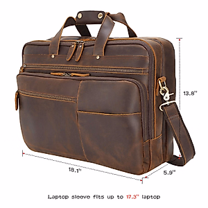 Polare X-Large 18" Full Grain Leather Briefcase For Men Business Travel Case Messenger Bag Fits 17.3" Laptop (Brown)