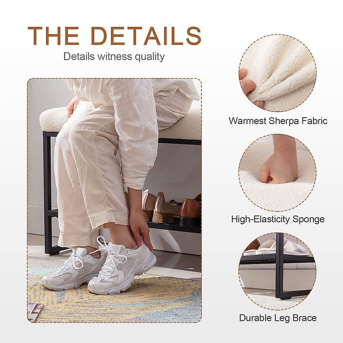 Zesthouse Boucle Shoe Bench Entryway with Storage, Upholstered Bench for Bedroom End of Bed, Metal Shoe Rack for Closet Hallway Doorway Living Room Mudroom, White