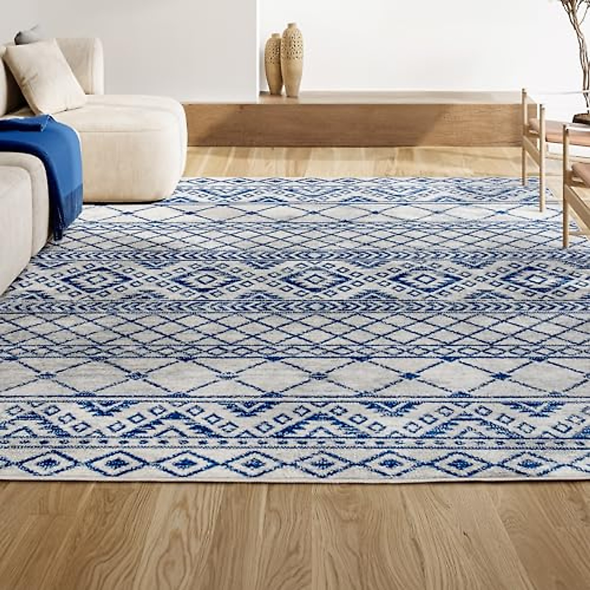 JONATHAN Y MOH103A-8 Moroccan Hype Boho Vintage Tribal Cream/Blue 8 ft. x 10 ft. Area-Rug, Bohemian, Easy-Cleaning, for Bedroom, Kitchen, Living Room, Non Shedding