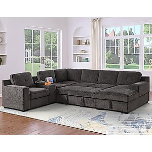 YOPTO Sectional Sleeper Sofa,Modular Couch with Pull Out Bed,Convertible L Shaped Sectionals W/Storage Chaise & Console,Cup Holder,USB & Type-C Port,Chenille Fabric,5 Seater for Living Room,Brown,120"