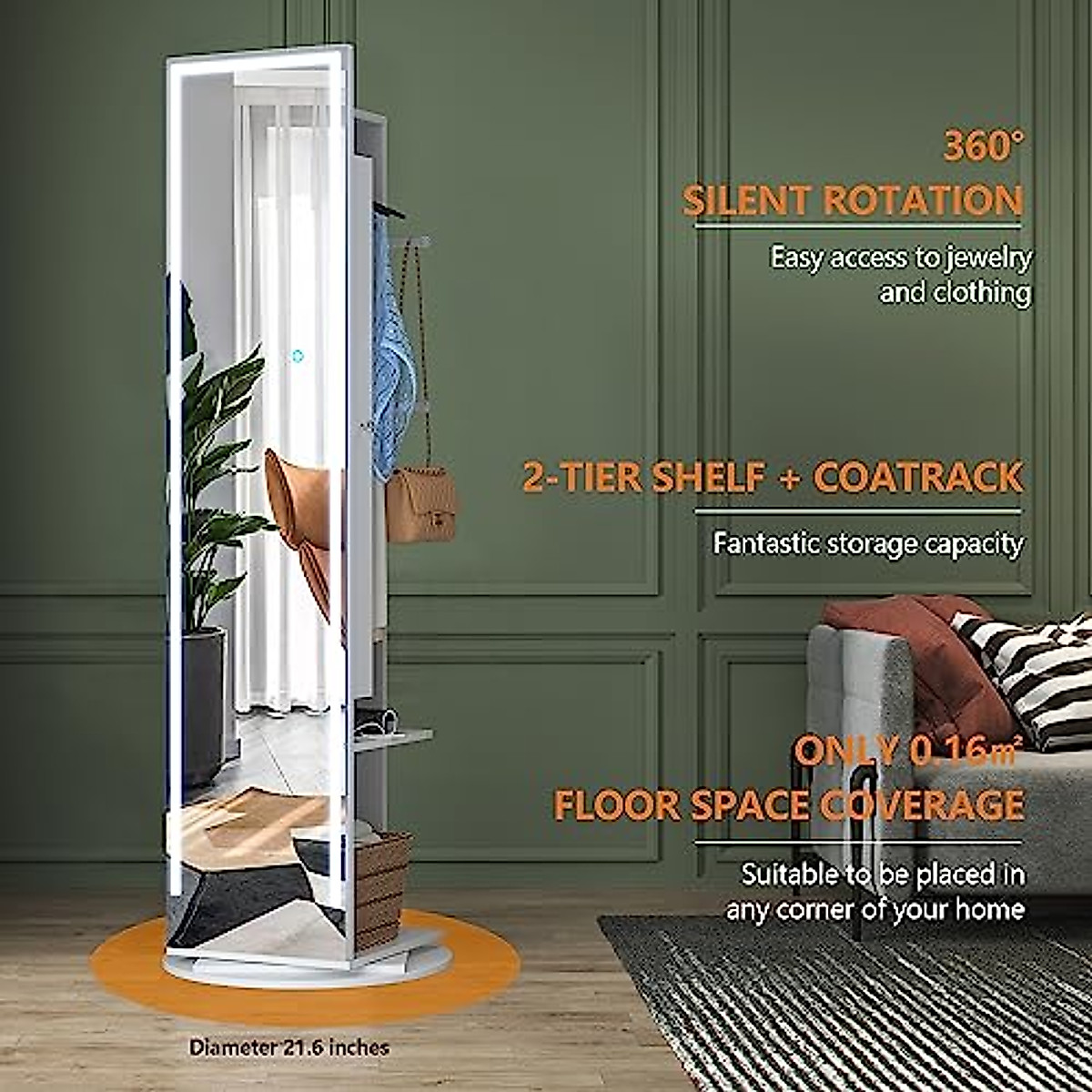 LVSOMT 360°Swivel Full-Length Mirror Jewelry Cabinet Armoire, Touch Screen Full Body Mirror with Jewelry Storage, Large Floor Jewelry Organizer for Bedroom, w/Coat Rack, Shelves(White)