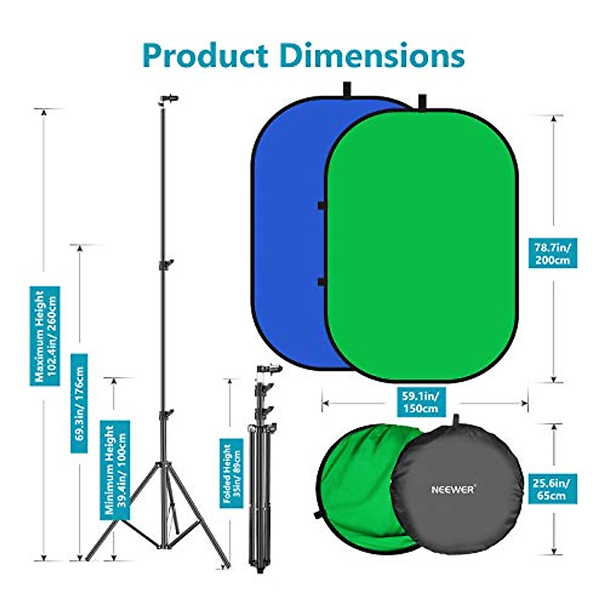 NEEWER 5x7ft/1.5x2m Chromakey Green Screen Blue Green 2 in 1 Double Sided Pop Up Collapsible Backdrop with Support Stand, Foldable Panel for Photo and Video Shooting, Live Streaming, Gaming