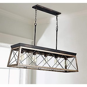 Saint Mossi 5 Light Wood Metal Chandelier, Kitchen Island Pendant Lighting for Dining Room, Rustic Vintage Farmhouse Industrial Light Fixtue, L39 x H12 x W12, Oaky Painted Metal and Stardust Network