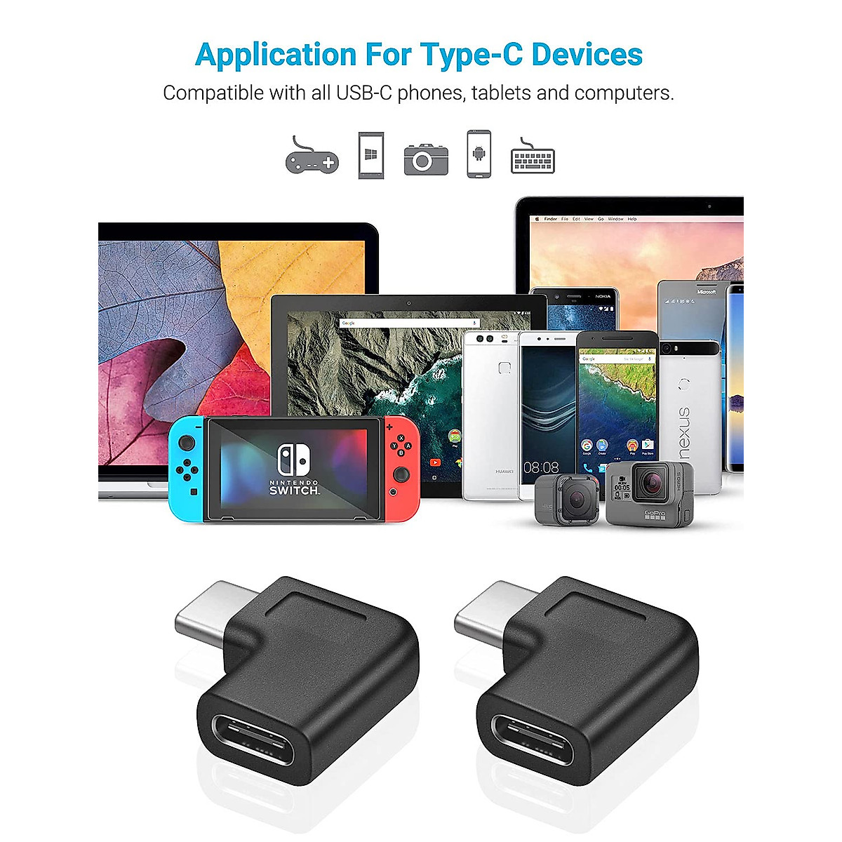 URWOOW USB C Right Angle Adapter,90 Degree USB C to USB Type-C Male to Female Adapter Convertor Extension, for Laptop & Tablet & Mobile Phone (2 Pack).