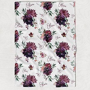 Stork Wares Violet Burgundy Floral Personalized Baby Girl Swaddle Blanket, White, 30x40', (BB336)