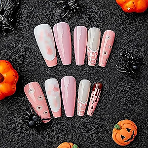 Halloween Fake Nails Long Coffin Press on Nails with Pink White Spooky Ghost Spider Web Eyeballs Blood Drops Glue on Nail Designs Artificial French Tips Full Cover on Nails for Women and Girls 24 Pcs