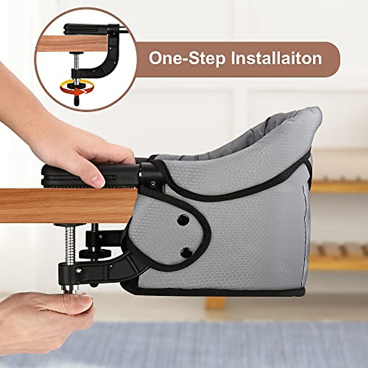 Hook On High Chair, Clip on Table Chair w/Fold-Flat Storage Feeding Seat -Attach to Fast Table Chair for Home and Travel (Grey)