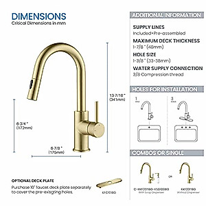 KIBI Single Handle Pull Down Faucet for Kitchen Sink | Solid Brass High Arc Faucet Spout | Kitchen Faucet with Pull Down Sprayer (Brushed Gold) (KKF2011)