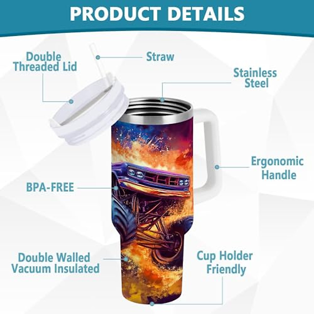 RPLIFE Monster Truck Stainless Steel Cup, Insulated Cups with Lids, Tumblers for Women