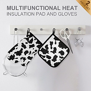 Sletend Cow Print Oven Mitts and Pot Holders Sets 2pcs Non-Slip Kitchen Heat Resistant Hot Pads for Women Cooking Gloves Baking Wear BBQ
