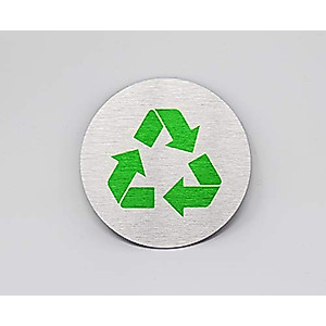 Metal Recycle Signs | Recycle Bin Marker | Metal Sign for Recycling Basket | 3" Round, Brushed Silver Aluminum with Green Recycle Symbol | Made in the USA