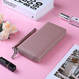 Lavemi Women's RFID Blocking 100% Leather Large Capacity Zip Around Wallet Phone Holder Clutch Travel Purse Wristlet(Large Size Nude)