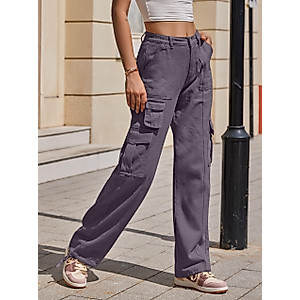 Hiistandd Women's High Waisted Cargo Pants Cotton Wide Leg Casual Pants Combat Military Work Trouser(Dark Gray,L)