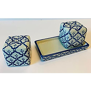 Square Salt and Pepper Shakers on Tray Porcelain Blue and White