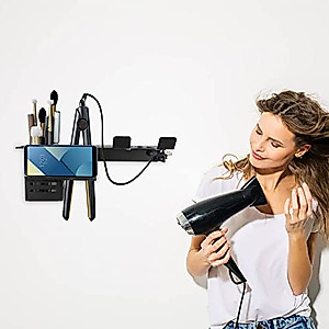 Blow Dryer and Straightener Holder, Yimerlen Hair Holder Wall Mounted Tools Organizer, Bathroom Ultifunctional Straighteners (with Mobile Phone Holder, Black)
