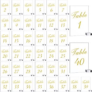 Acrylic Wedding Table Numbers with Stands 1-40 Gold Table Number Signs and Holders 4 x 6 Inch Printed Calligraphy Table Number Holders Clear Acrylic Sign for Wedding Reception Centerpiece Event Party