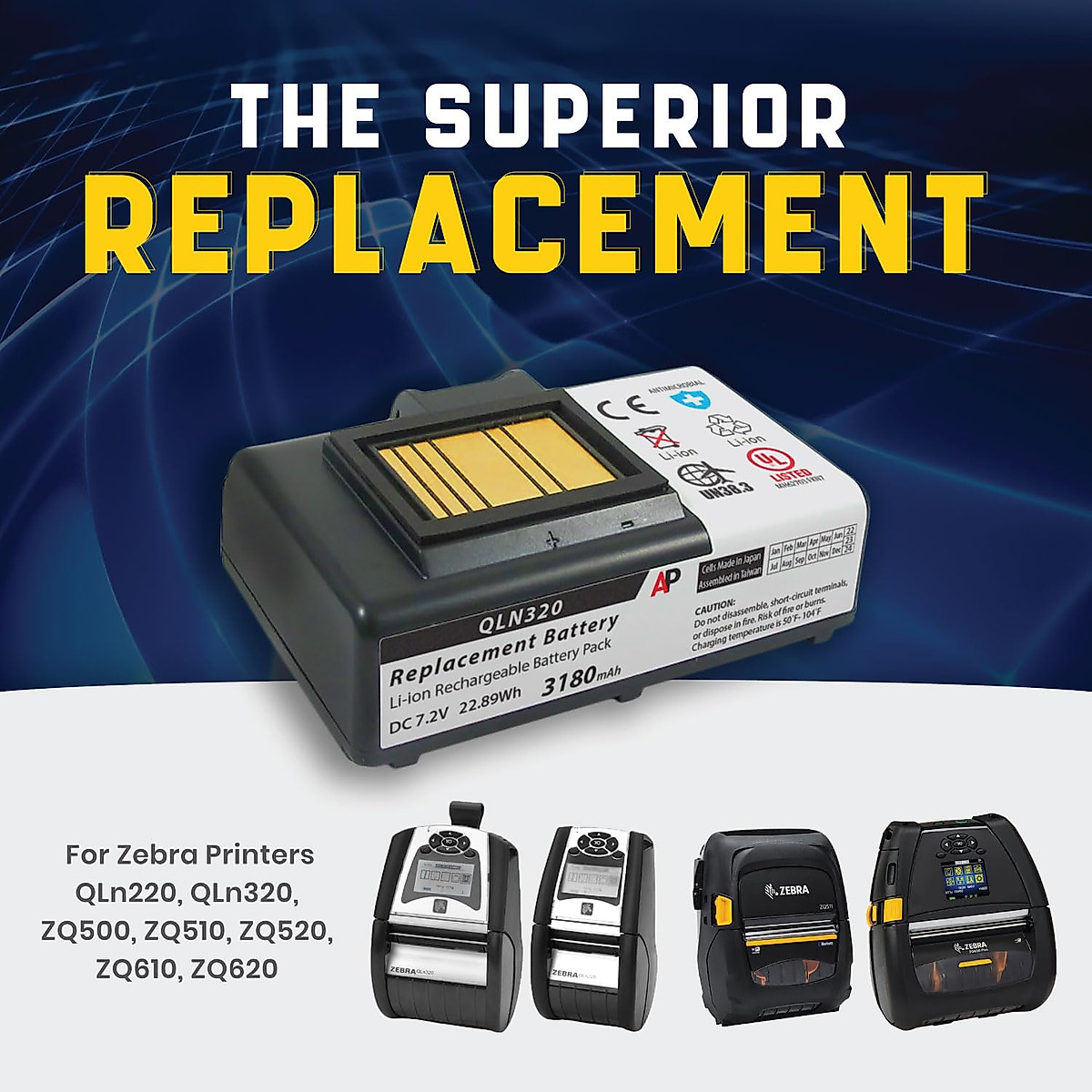 Artisan Power Replacement Battery for Zebra QLn320, QLn220, ZQ500, ZQ510, ZQ520, ZQ610, & ZQ620 Printers: 3180 mAh