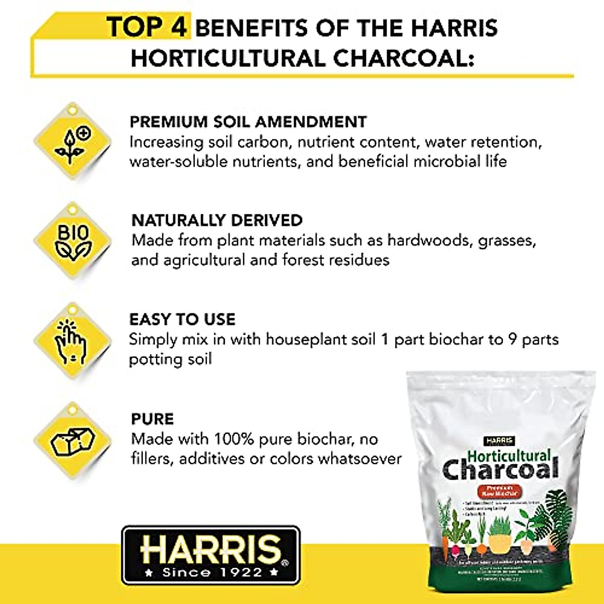 Harris Horticultural Charcoal, Premium Biochar Soil Amendment for Plants and Terrariums, 2qt