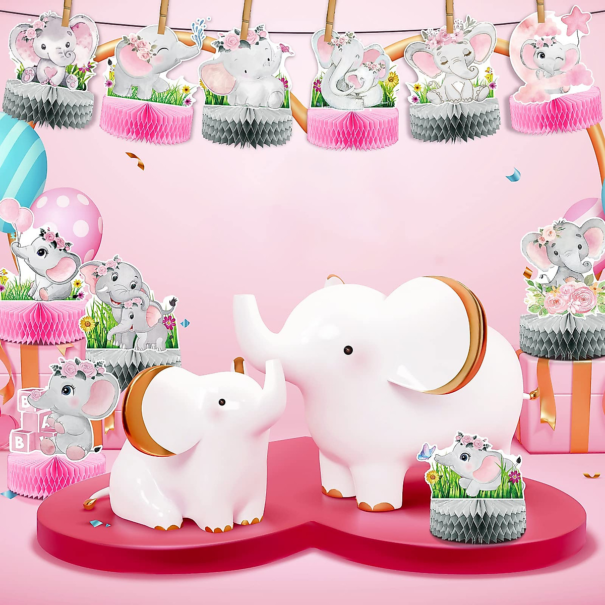 Tudomro 12 Pcs Pink Elephant Honeycomb Centerpieces Baby Shower Table Decorations Elephant Theme Party Centerpieces for Birthday Shower Wedding Party Supplies