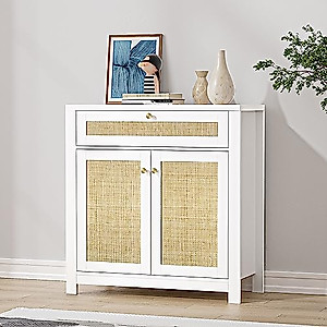 Giluta White Rattan Sideboard Cabinet Kitchen Buffet Cabinet Storage Cabinet with Door and Drawer, Accent Cabinet Freestanding Coffee Cabinet Cupboard Console Table for Dining Room Living Room Hallway