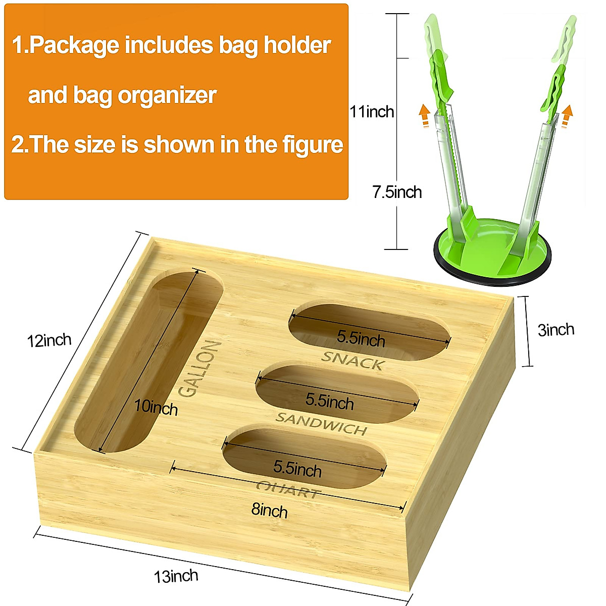 Ziplock Bag Storage Organizer For Kitchen Drawer, Upgraded Bamboo Food Storage Bag Holder For Gallon, Quart, Sandwich, Snack & Variety Size Bags