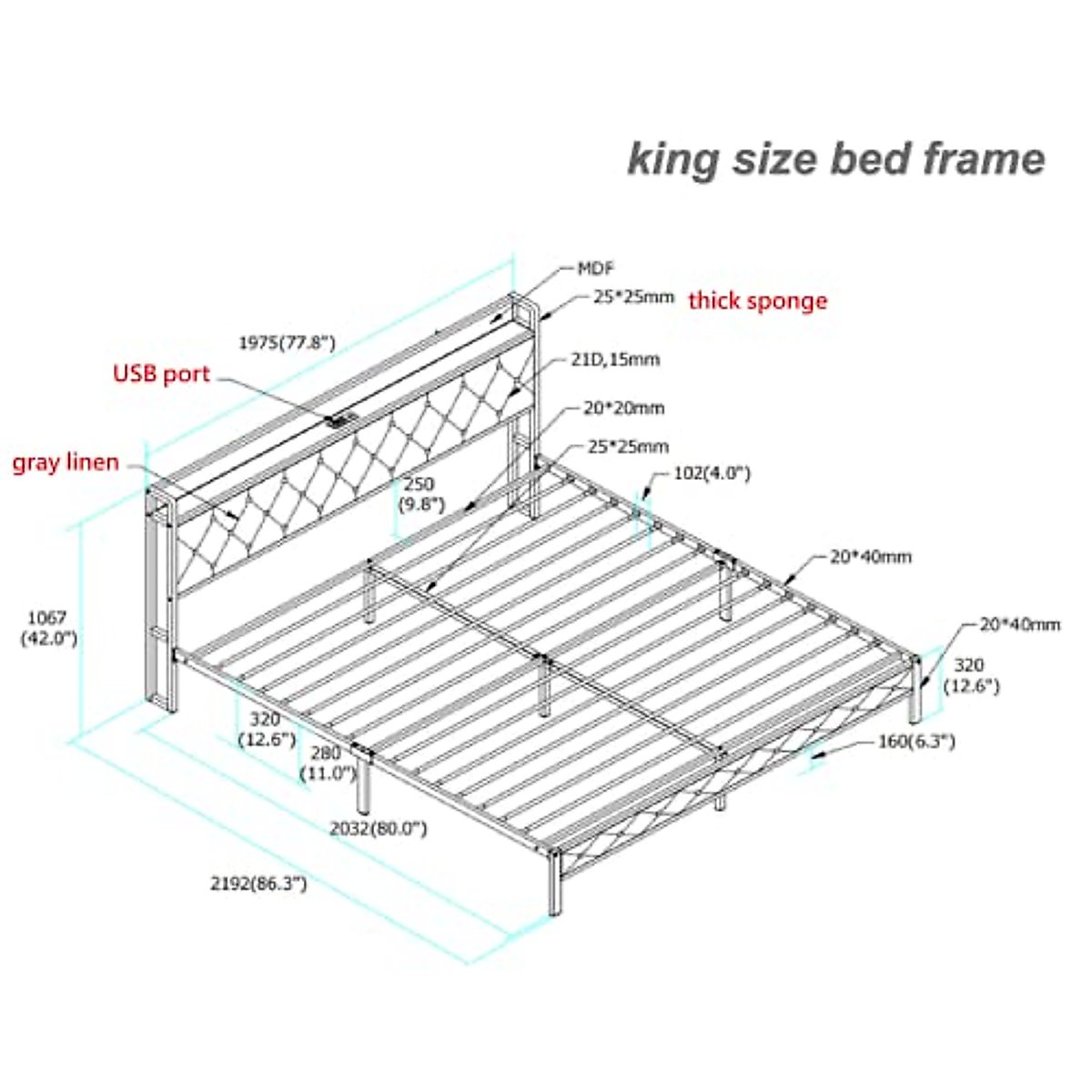 CBBPET King Bed Frame and Headboard, Bed Frame with Charging Station, King Platform Bed Frame No Box Spring Needed - Easy to Assemble