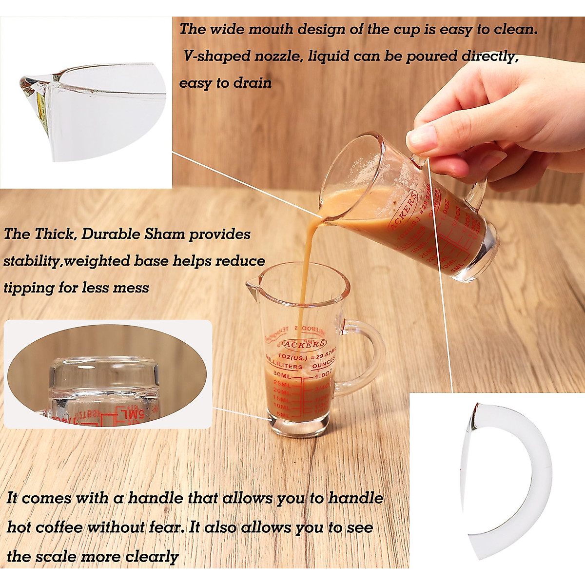 Shot Glasses Measuring cup Espresso Shot Glass Liquid Heavy Glass Wine Glass-[Insulated handle | V-Shaped Spout]-26-Incremental Measurement 1OZ, 6TSP, 2TBS, 30ML (2 Pack-Red)