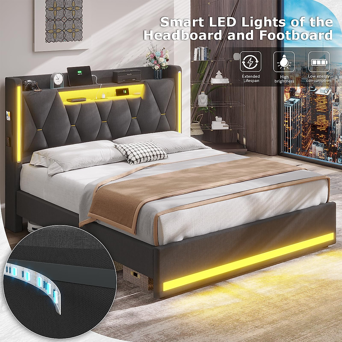 BYSAUD King Size Storage Bed Frame with Hidden Space and 2-Tier Shelves,King Bed Frame with Heaboard,King Size Bed Frame with LED Lights,Charging Station,No Box Spring Needed,Dark Gray,Linen Cloth