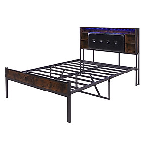 Full Size Bed Frames with Charging Station&LED Lights, Modern Metal Bed Frames with Upholstered Hidden Storage Headboard, Storage Space Under Bed, No Box Spring, Easy Assembly