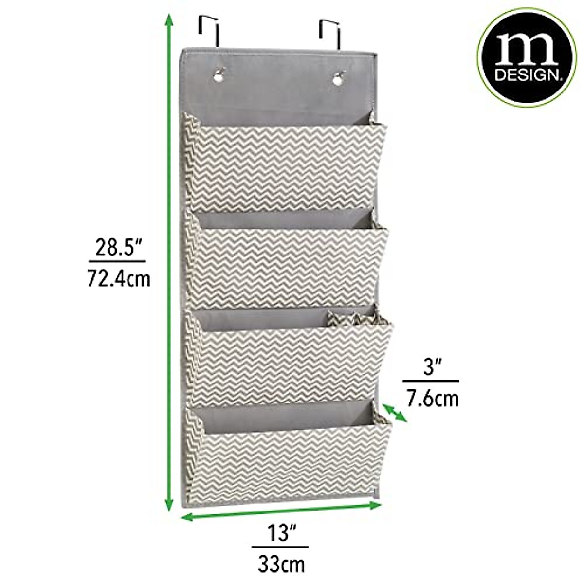 mDesign Soft Fabric Wall Mount/Over Door Hanging Storage Organizer - 4 Large Cascading Pockets - Holds Office Supplies, Planners, File Folders, Notebooks - Chevron Zig-Zag Print, 2 Pack - Gray/Cream