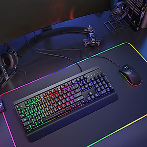 Pauroty Gaming Keyboard Metal, Rainbow LED Backlit Silent Keyboard with Wrist Rest, 104 Quiet Membrane Keys, Multimedia Keys,19 Anti-ghosting Keys, Waterproof, USB Wired Keyboard for Windows PC Gamer