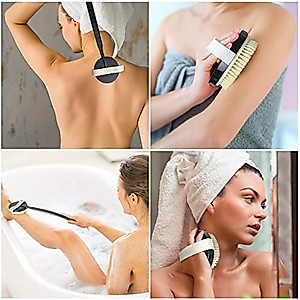 OWIIZI Black Bath Brush Wooden Curved Long Handle Body Brush for Exfoliating, Large Surface Natural Soft Bristle Shower Scrubber for Back Use Wet or Dry