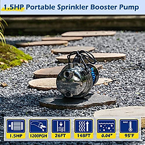 FLUENTPOWER 1.5HP Portable Sprinkler Booster Pump, Stainless Steel Shallow Well Pump 1200GPH, Water Pressure Transfer Pump for Home Garden Lawn Irrigation