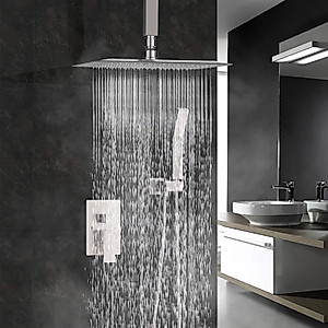 SunCleanse Rainfall Shower System Brushed Nickel Ceiling Mounted Shower System Combo Set with High Pressure 12 Inches Square Rain Shower Head Handheld and Shower Faucet Rough-in Mixer Valve and Trim