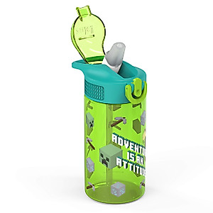 Zak Designs Kids Durable Plastic Spout Cover and Built-in Carrying Loop, Leak-Proof Water Design for Travel, (16oz, 2pc Set), Minecraft Bottle 2pk
