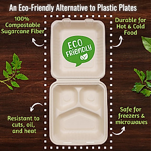 ECORIYO 3 Compartment To Go Containers with Lids – 100-Pack of Take Out Boxes, Disposable Food Containers, Sugarcanes Biodegradable Togo Plates - Paper Clamshell Box for Lunch, Cake, Dessert