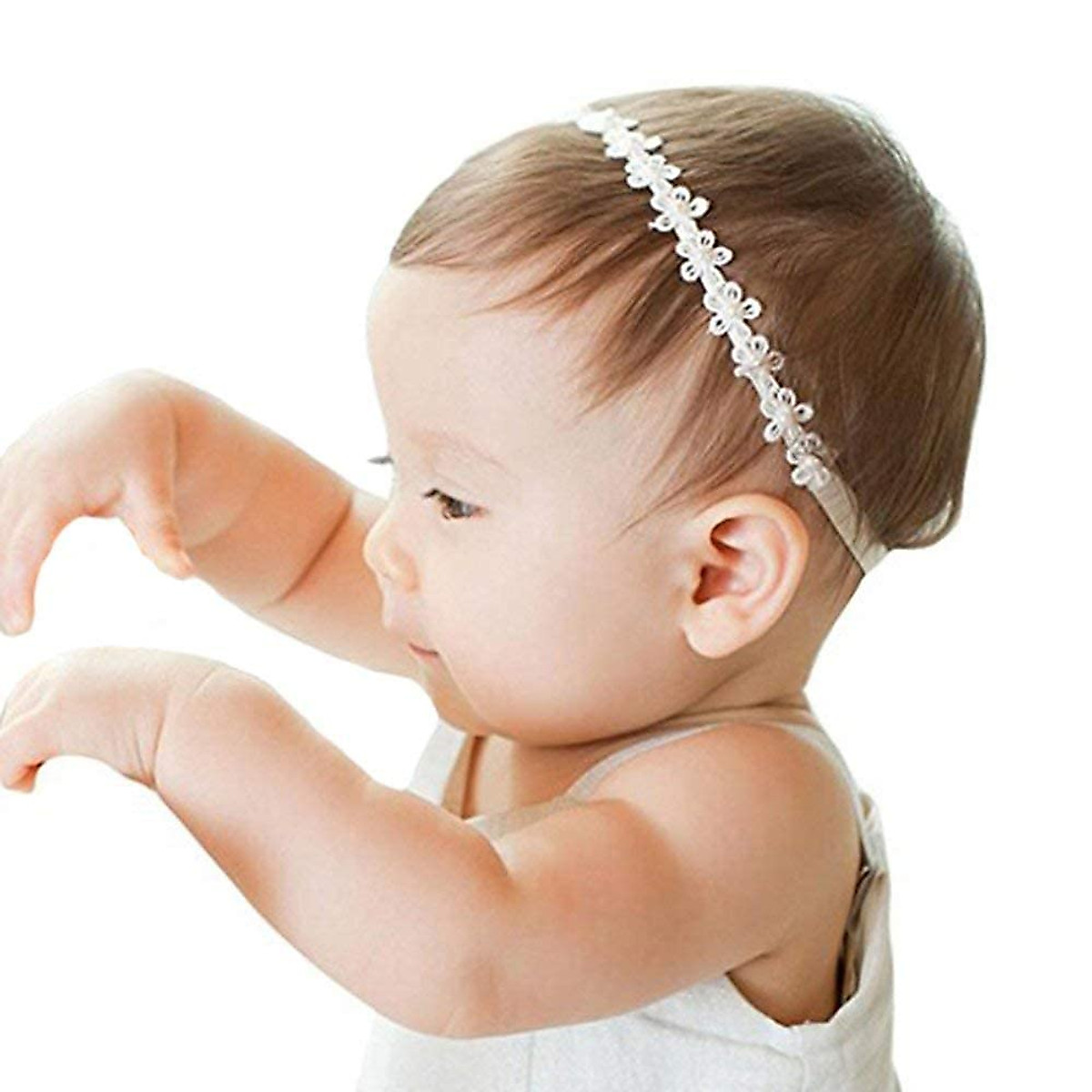 RQJ Christening Headband Baptism Halo Toddler Elastic Lace Headband Bows Flowers Pearl Baby Hair Accessories