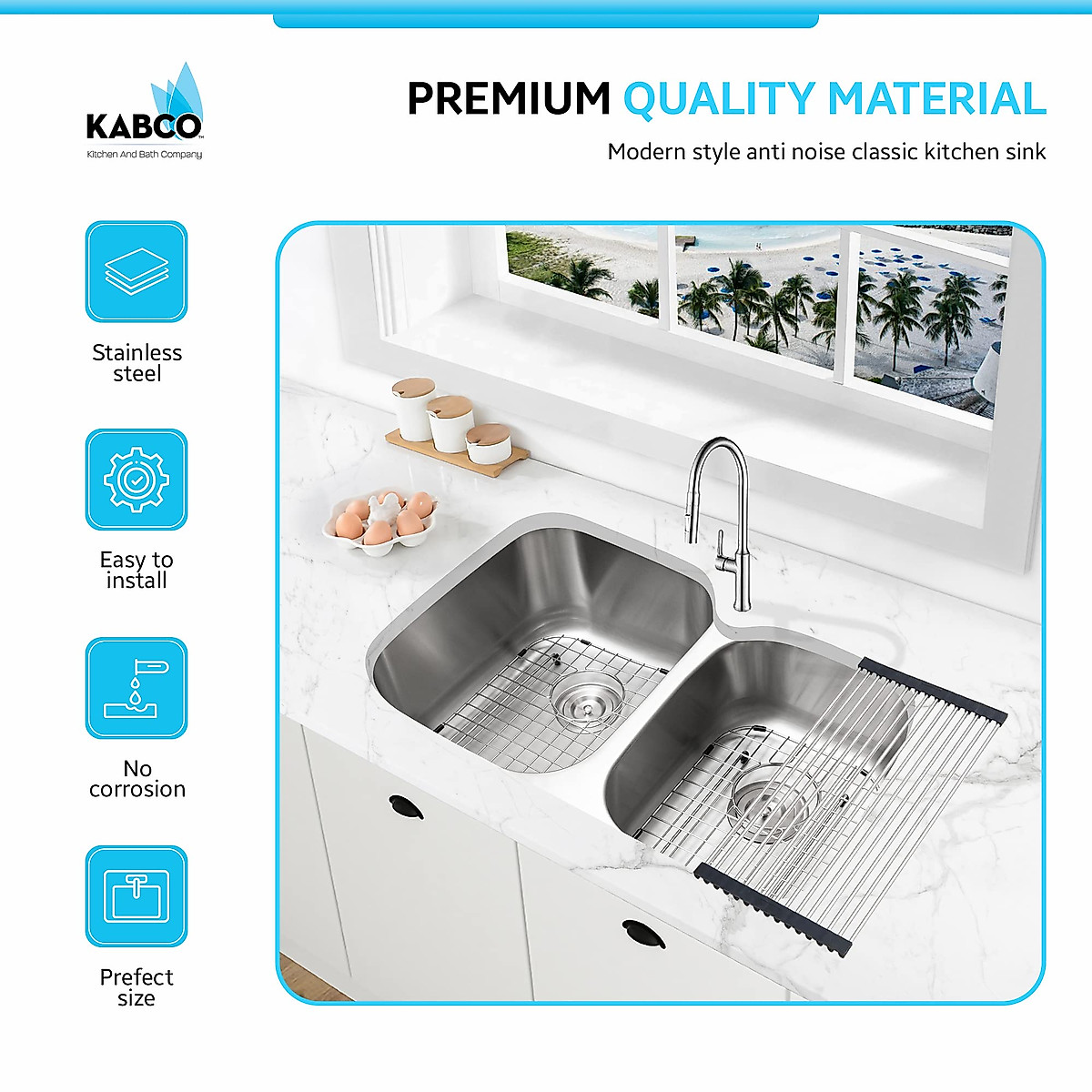 KABCO 32 Inch Big Double Unequal Bowl Stainless Steel Classic Kitchen Sink, Rust Resistant, Sound and Heat Proof 18 Gauge Undermount Sink with Sink Strainers, Sink Grids and rolling up grid