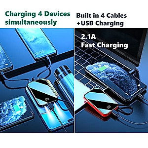 KOMPSEN Mini Power Bank Built in 4 Cables The lightest 10000 mAh Portable Charger Compatible with Mobile Phone iPhone,Android,iPad Devices External Battery Packs Red