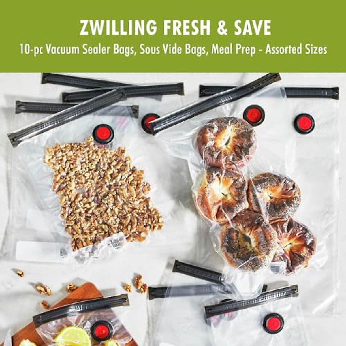 ZWILLING Fresh & Save Set 10-pc Vacuum Sealer Bags for Food, Reusable Sous Vide Bags, Reusable Food Storage Bags for Meal Prep, Reusable Snack Bags, Dishwasher Safe, Assorted, Clear