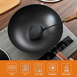 WANGYUANJI Iron Wok 12.6 inches,Wooden Handle Chinese Iron Pot Carbon Steel Wok Non-Coated Stir Fry Pan,Suitable for Home Cooking, Compatible with Induction, Gas, and Electric Ceramic Cooktops