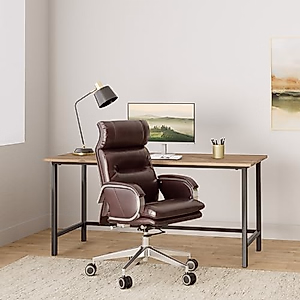 HUAUR Genuine Leather Modern Executive Chair High-Back Support 90 to 150 Degrees Tilt and Upholstered Home Desk Chair with Base 400LB Capacity Swivel Computer Office Chair (Brown)
